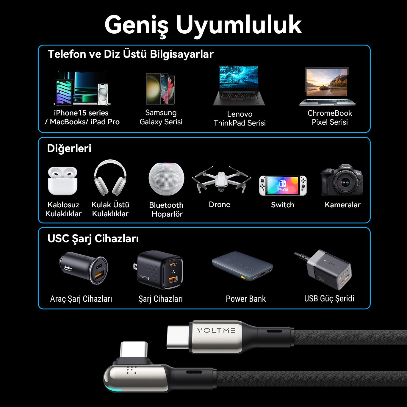 VOLTME C2070 Stark 60W Type-C Şarj Kablosu 2M 3A-Siyah