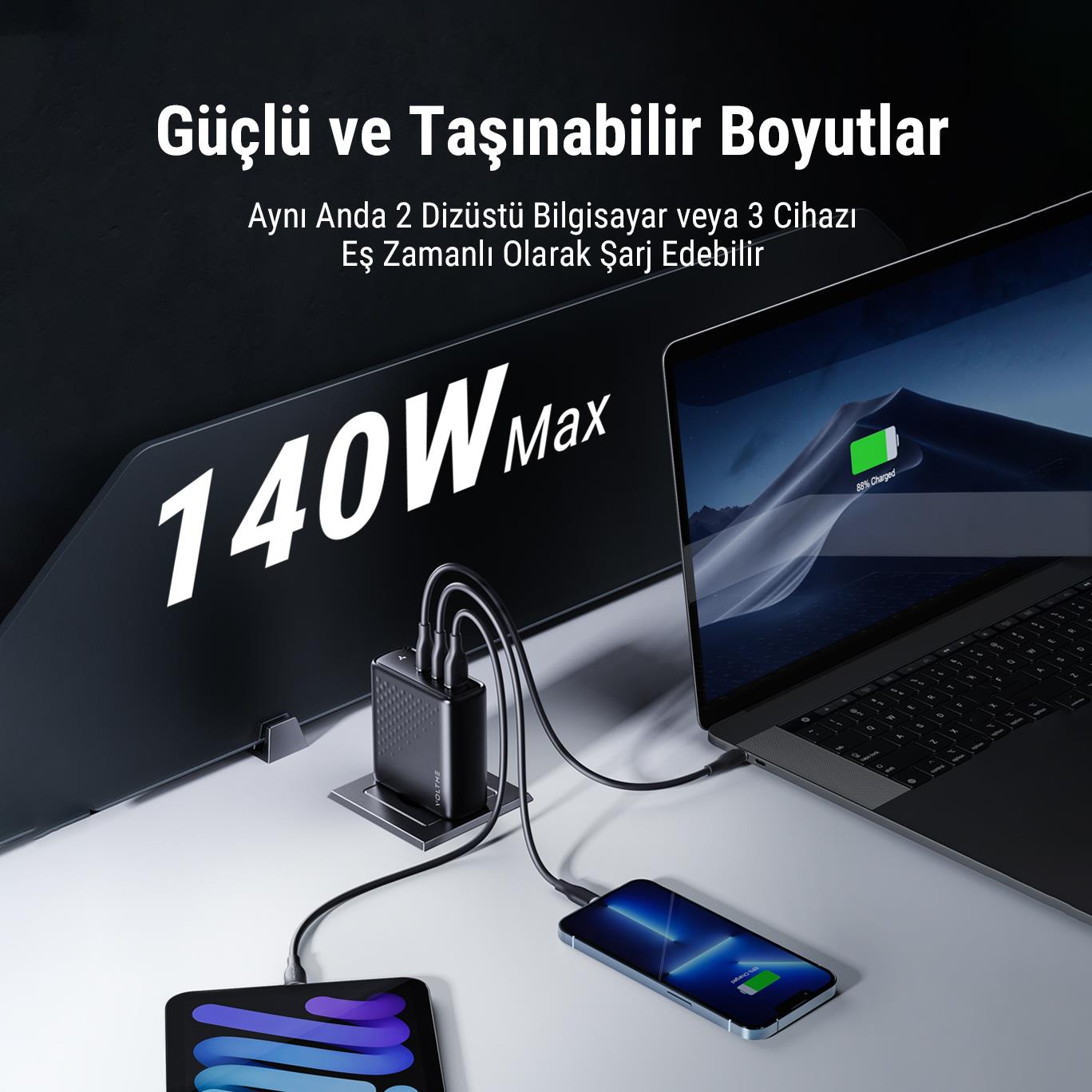 VOLTME V2027 Revo Siyah 140W CCA GaN Şarj Aleti