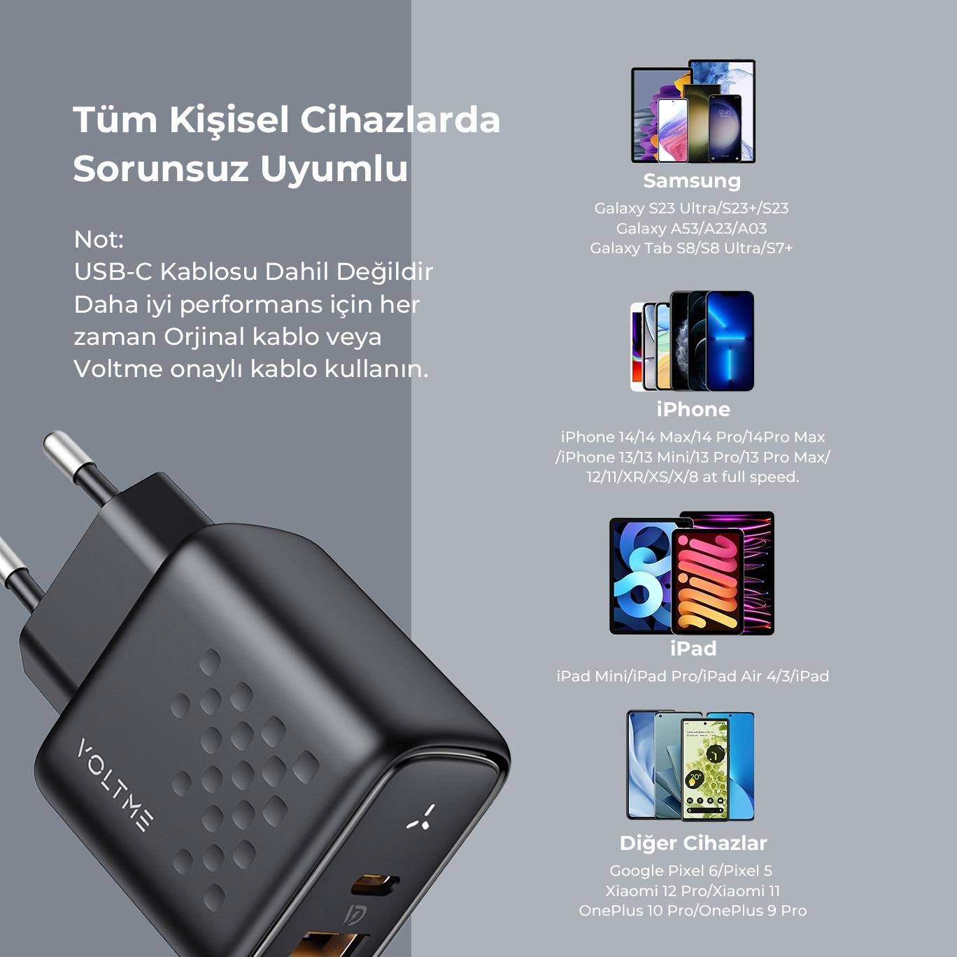 VOLTME V2113 Revo Siyah 45W CA GaN Şarj Aleti