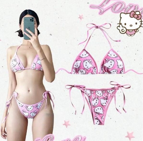 Pembe Hello Kitty Desenli Y2K Bikini Takımı