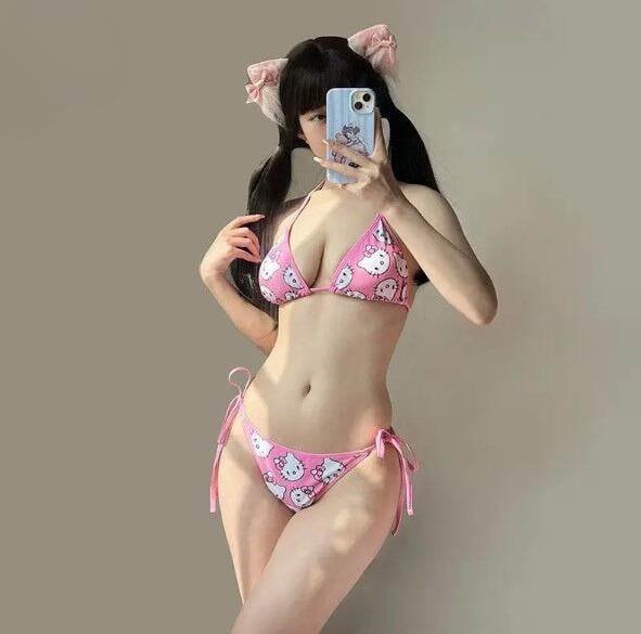 Pembe Hello Kitty Desenli Y2K Bikini Takımı