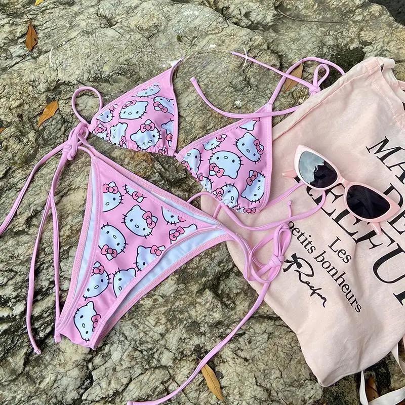 Pembe Hello Kitty Desenli Y2K Bikini Takımı
