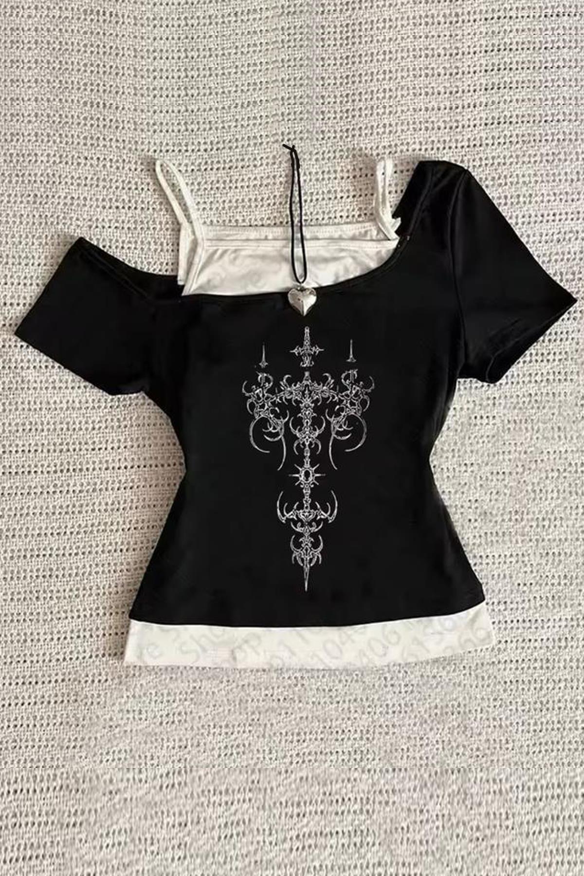 Siyah Gothic Cross Pattern Madonna Yaka Ek Askılı Kısa Kollu Full Body Crop