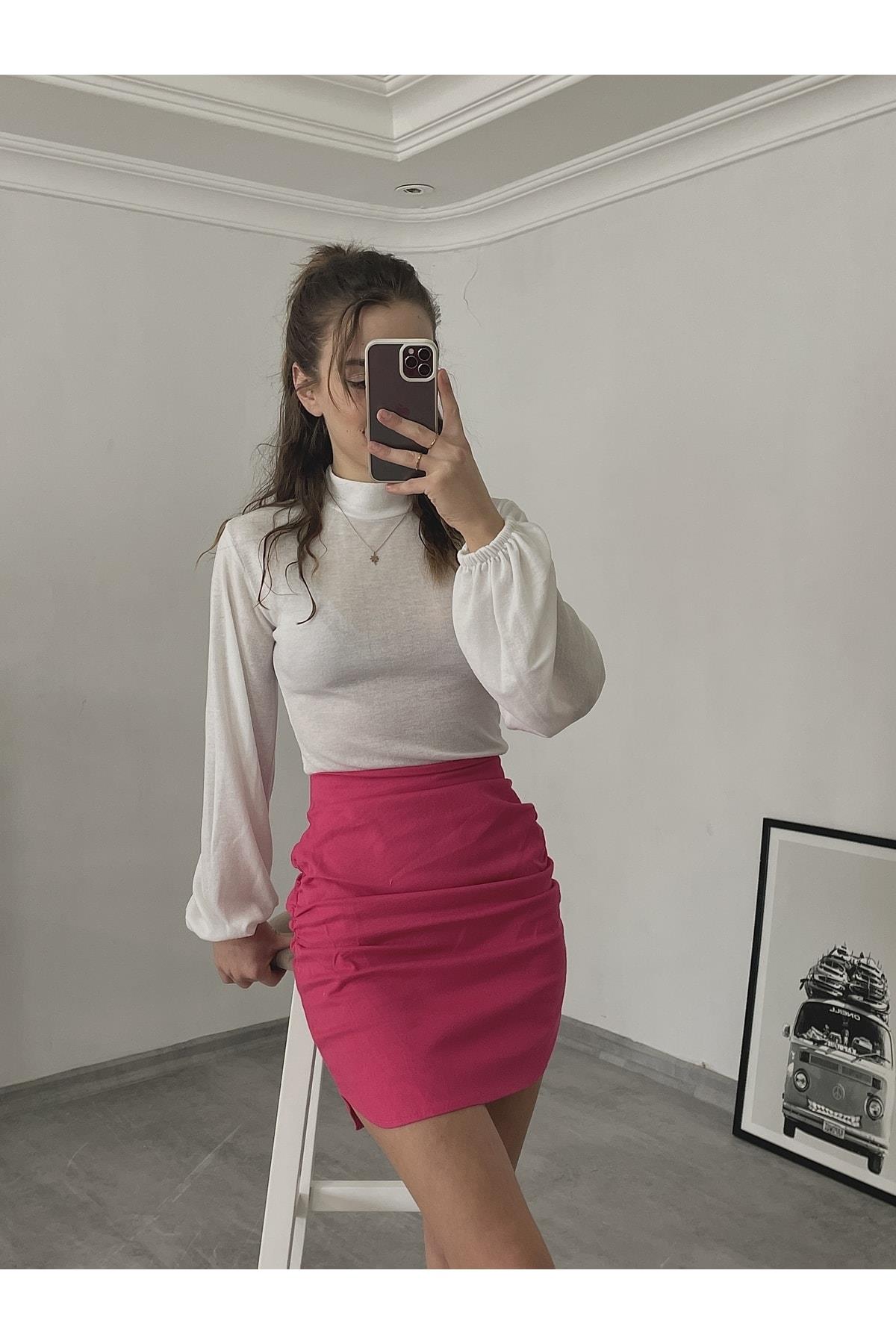 Büzgülü Pembe Mini Etek