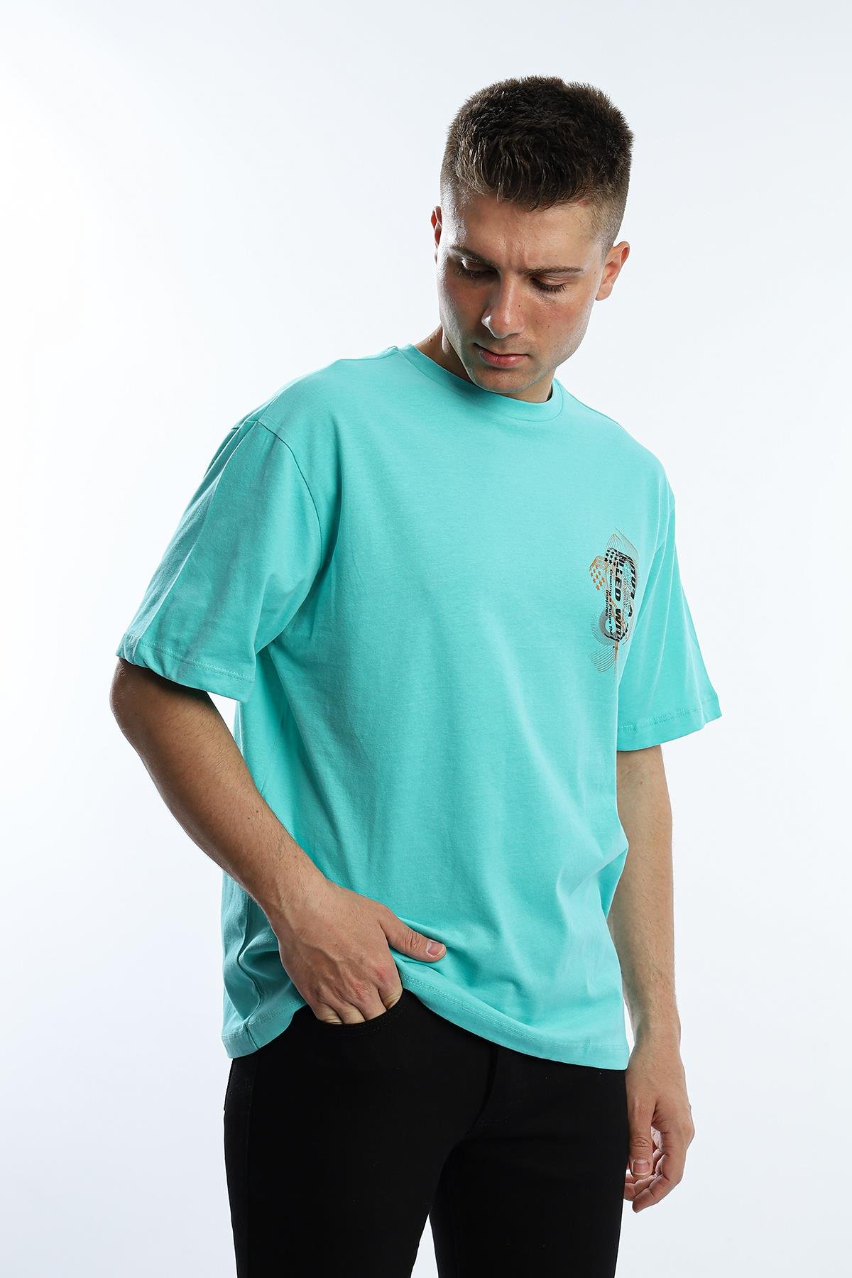 Erkek Oversize Fit Ön Arka Baskılı Basic Tişört Turkuaz