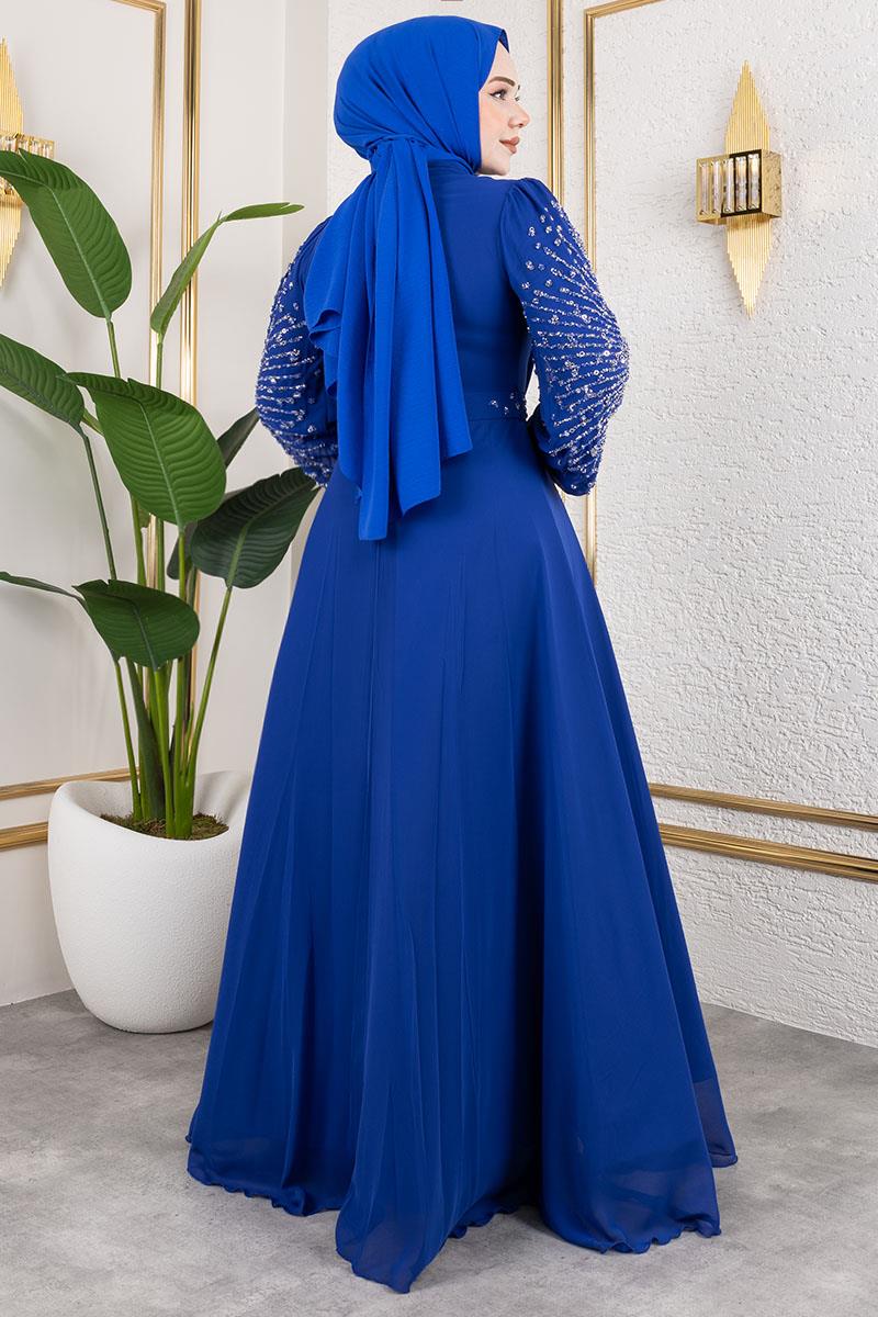 Taş İşlemeli Şifon Abiye SAKS MAVİSİ