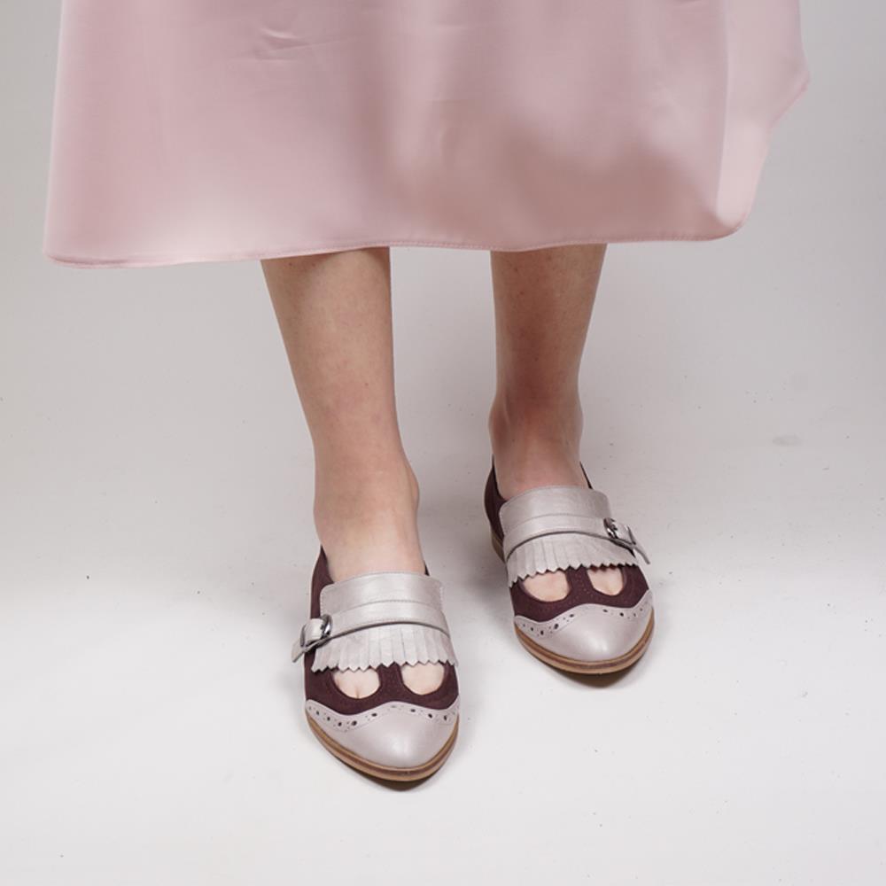 Junde Deri Özel Tasarım Kadın Ayakkabı - Renk Bordo Bej