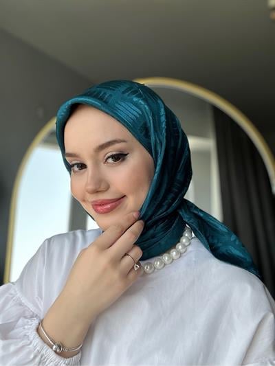 Petrol Yaprak Desen Jakar Eşarp