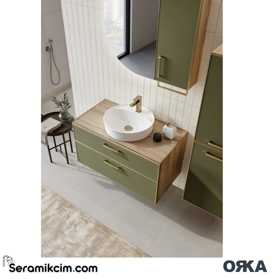 Seramikcim | Orka Salerno 95cm Banyo Dolabı Set Sardunya - Mat Altın