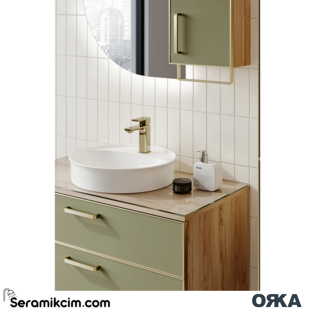 Seramikcim | Orka Salerno 95cm Banyo Dolabı Set Sardunya - Mat Altın