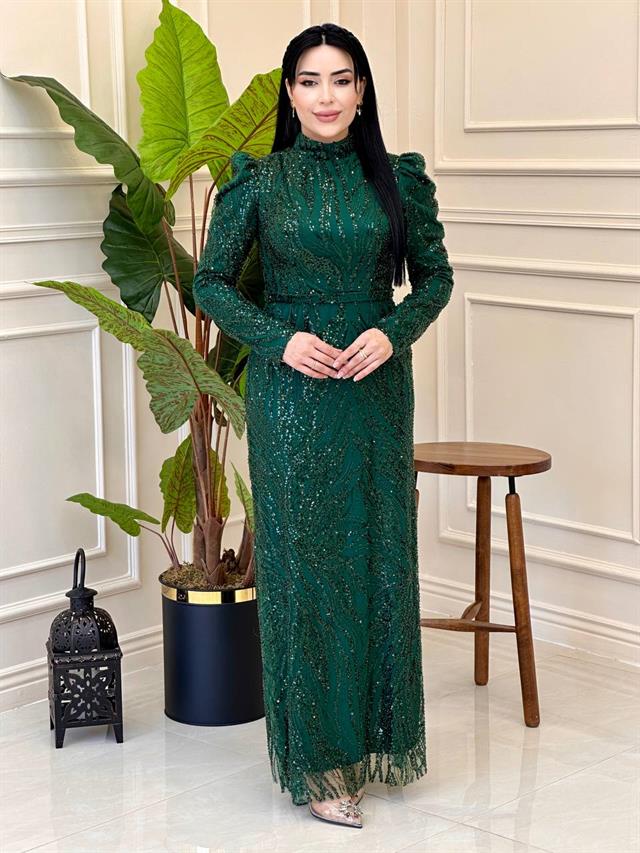 Boncuklu Tül Abiye Elbise 4865 E025 Haki