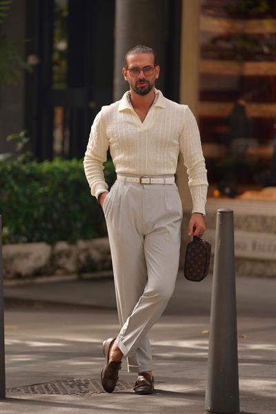 İtalyan Kalıp Açık Gri Pileli Carret Fitt Yüksek Bel Pantolon (FKO)