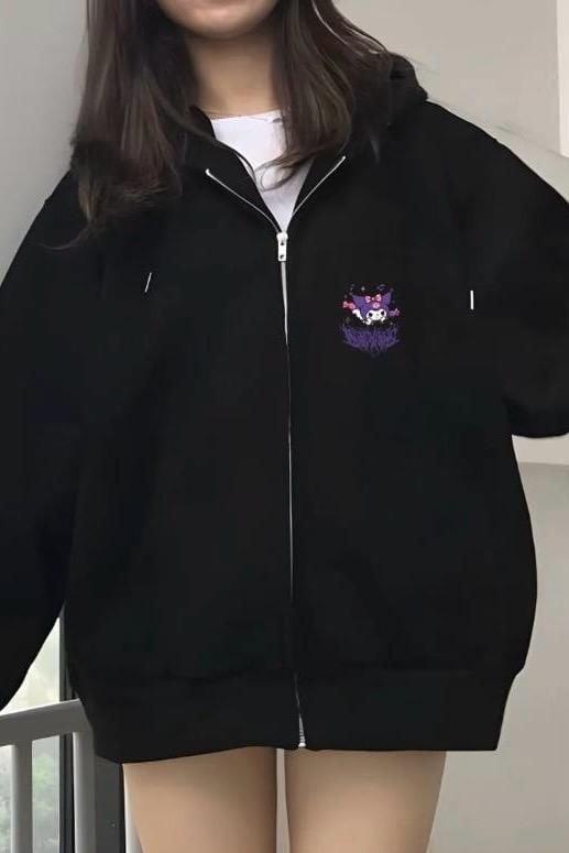 Siyah Mini Harajuku Anime Kuromi Unisex Fermuarlı Hırka Siyah Mini Harajuku Anime Kuromi Unisex Fermuarlı Hırka