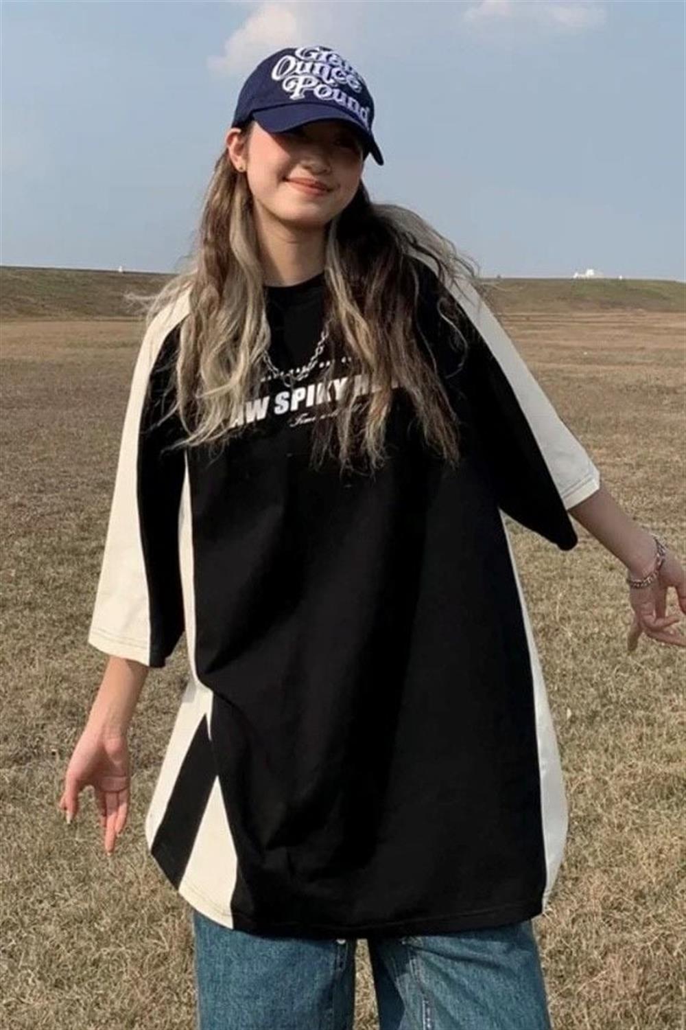 Siyah Unisex Reglan Y2K Aw Spiky Head T-Shirt