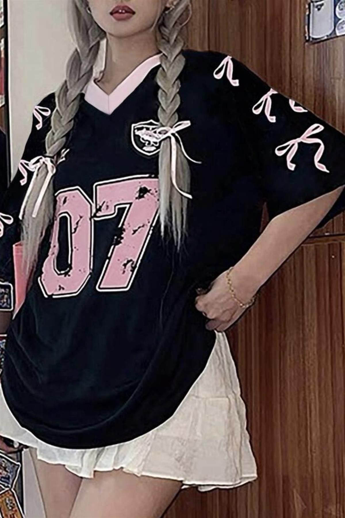 Siyah Y2k Ribbon Ballet Oversize T-Shirt