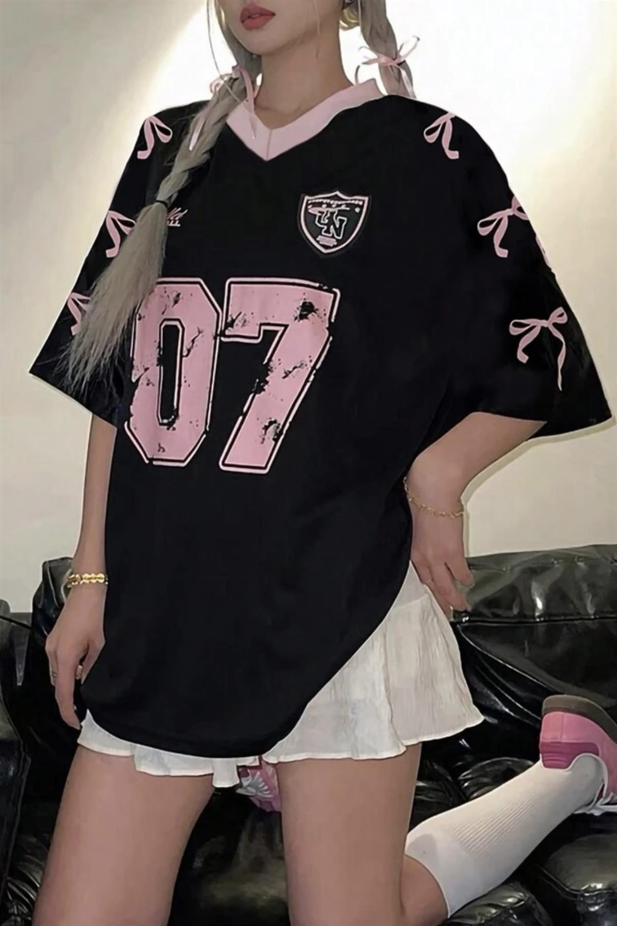Siyah Y2k Ribbon Ballet Oversize T-Shirt