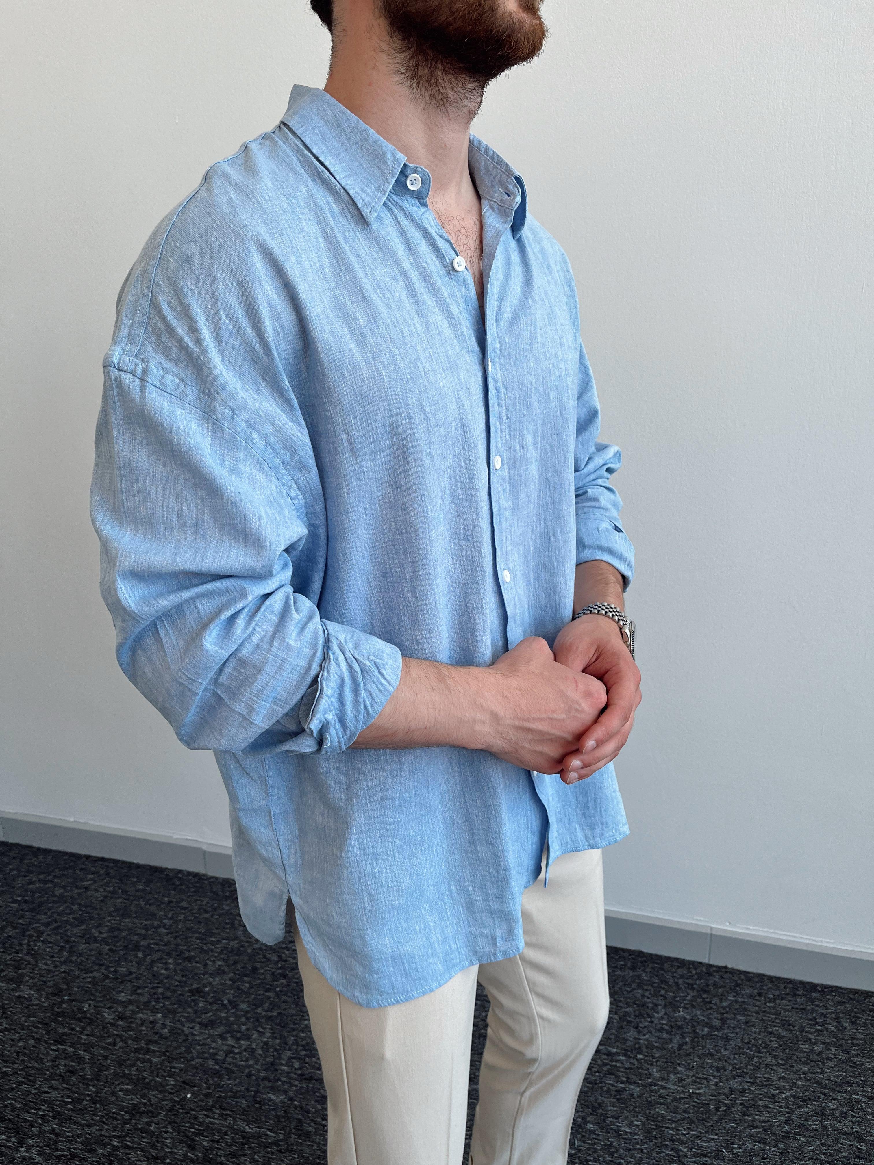 Erkek Giesto Uzun Kollu Likralı Oversize Keten Gömlek-Mavi(E1084)