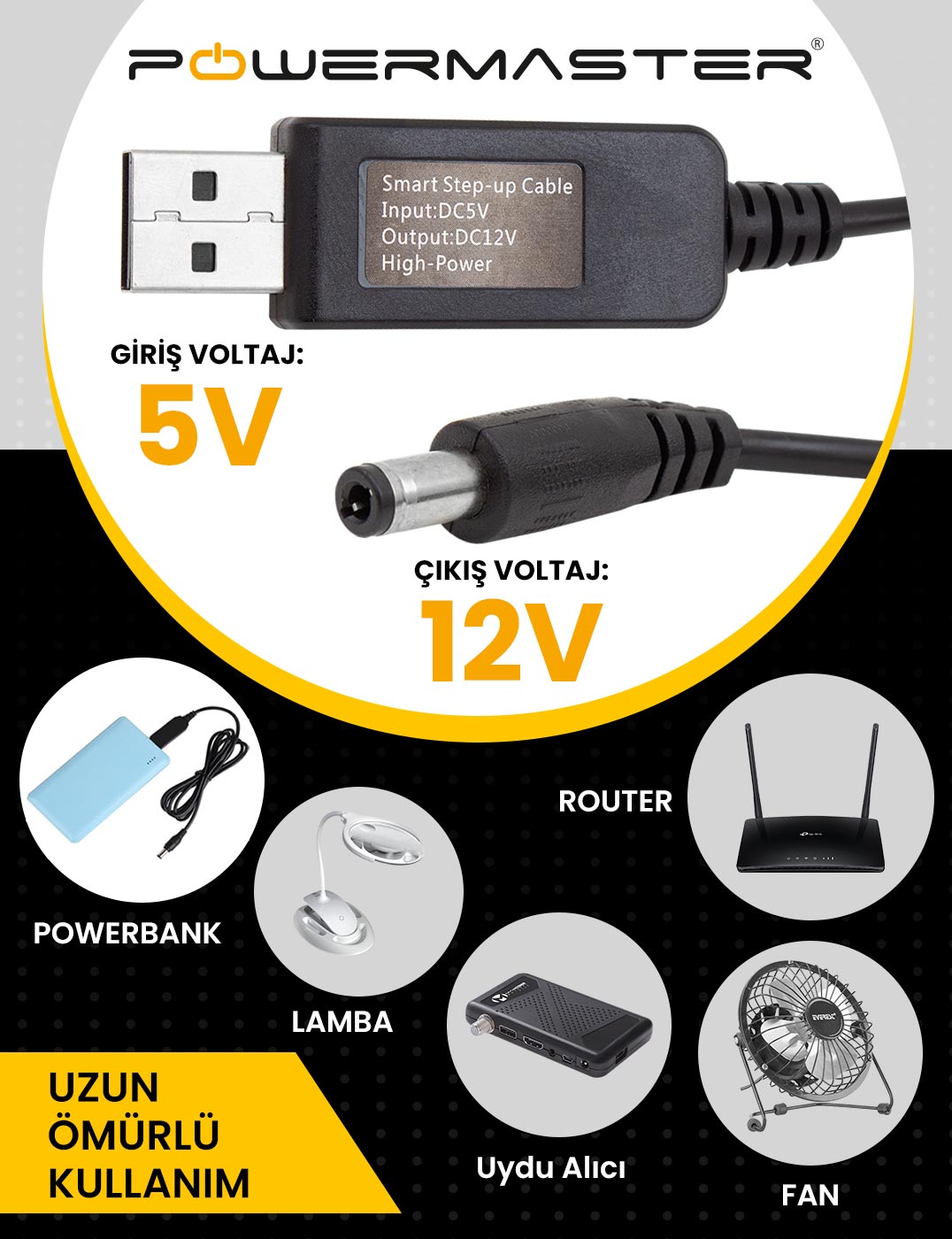 Powermaster 5V-12V USB To DC 5.5*2.5mm Kablo (12 Volt 1 Amper) Fiyatı ...