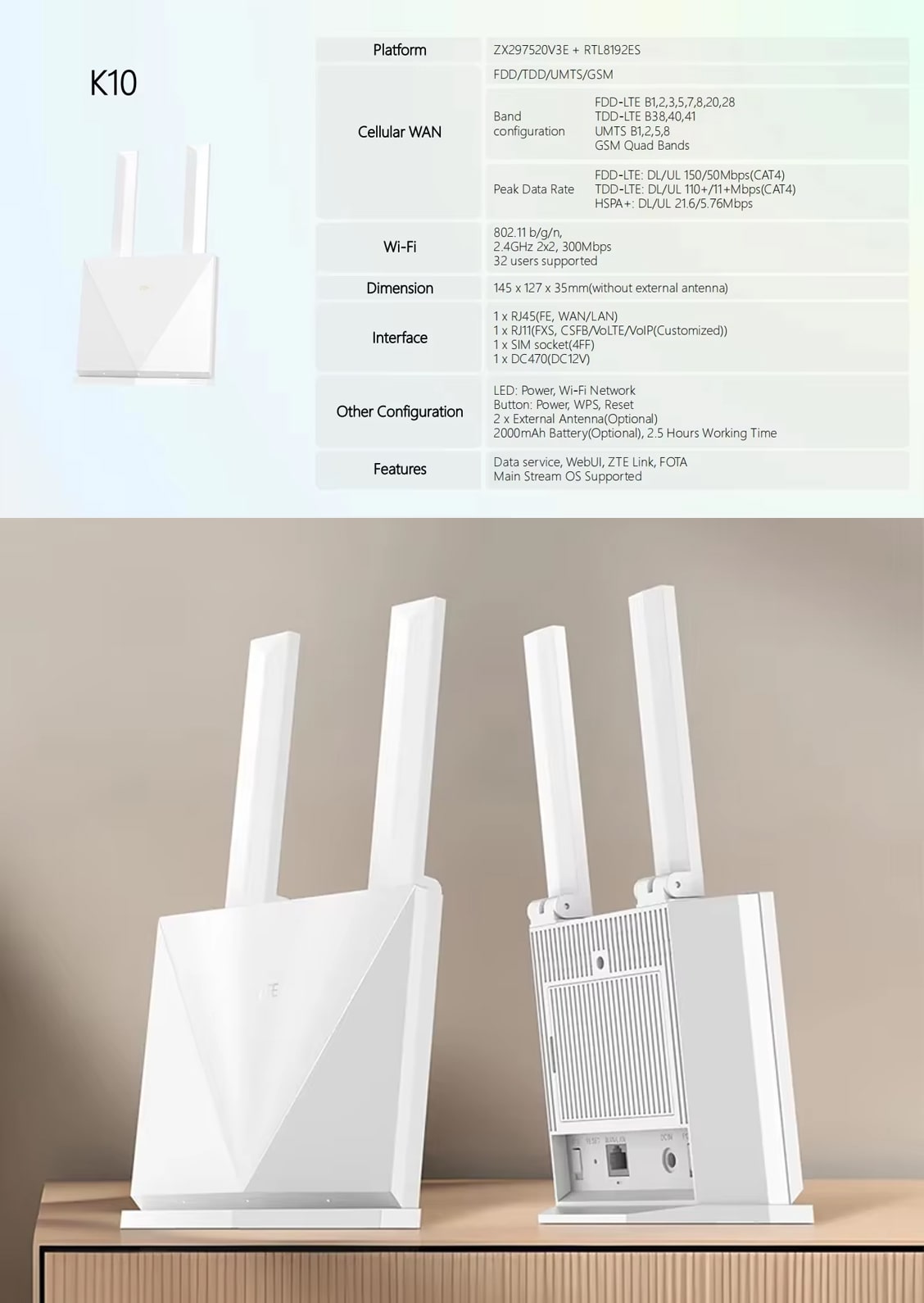 PowerMaster ZTE-K10 300 Mbps Dahili Bataryalı 4G/LTE Sim Kart Destekli ...