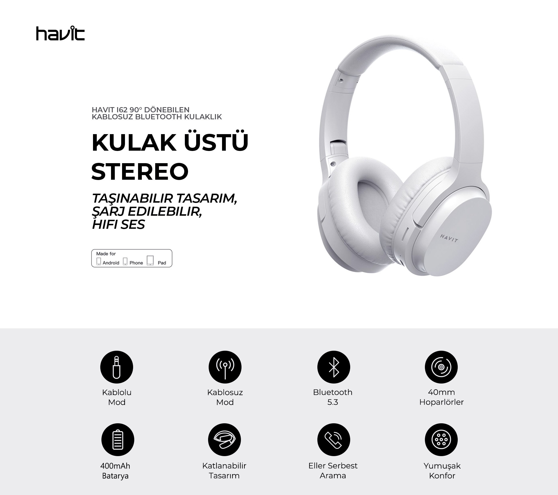 Havit I62 Kafaüstü Bluetooth Kulaklık - Beyaz