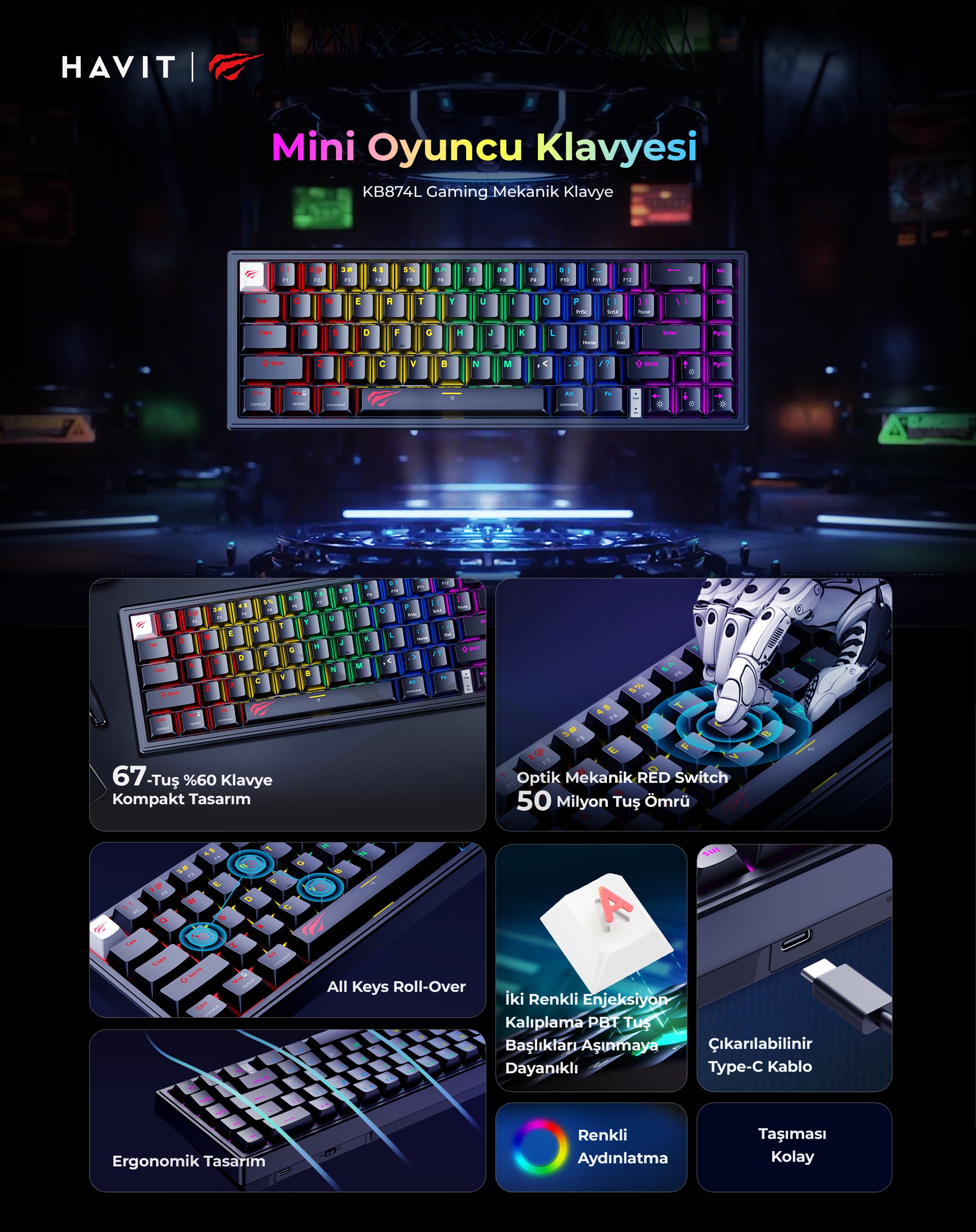 Havit Gamenote KB874L Mekanik Gaming %60 Klavye - Siyah