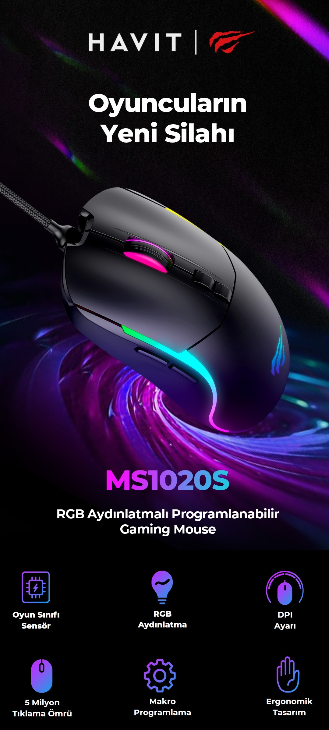 Havit Gamenote MS1020S RGB Programlanabilir Oyuncu Mouse - Siyah