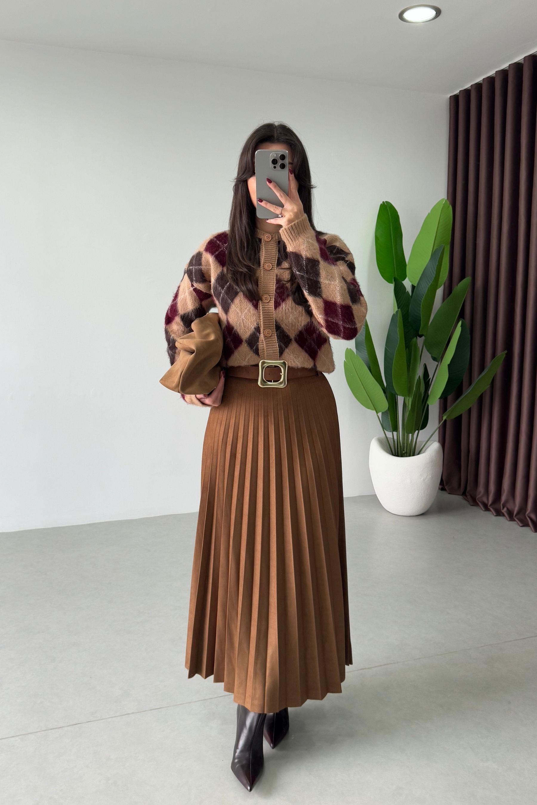 Moxy Taba Kemerli Piliseli Süet Etek