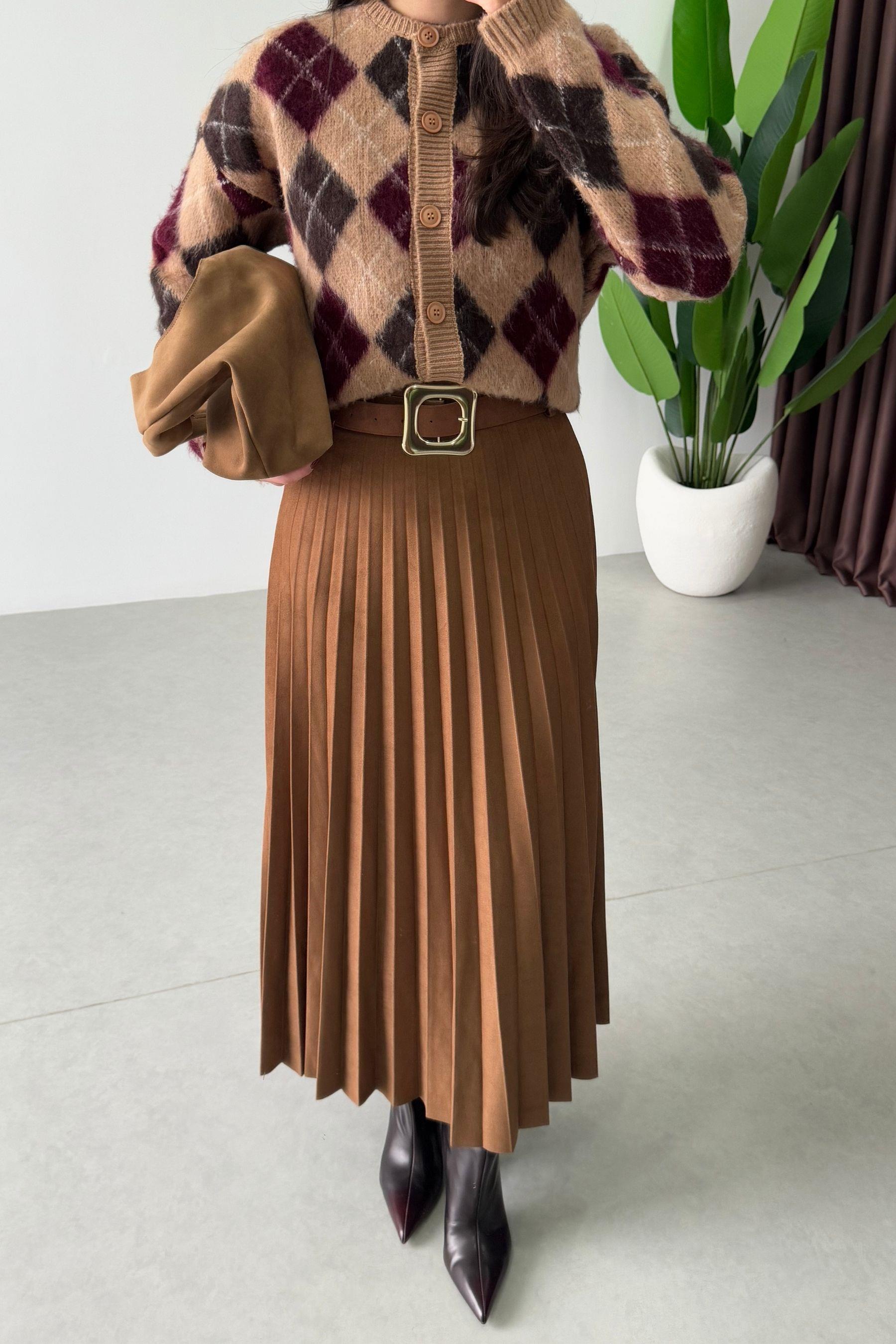 Moxy Taba Kemerli Piliseli Süet Etek