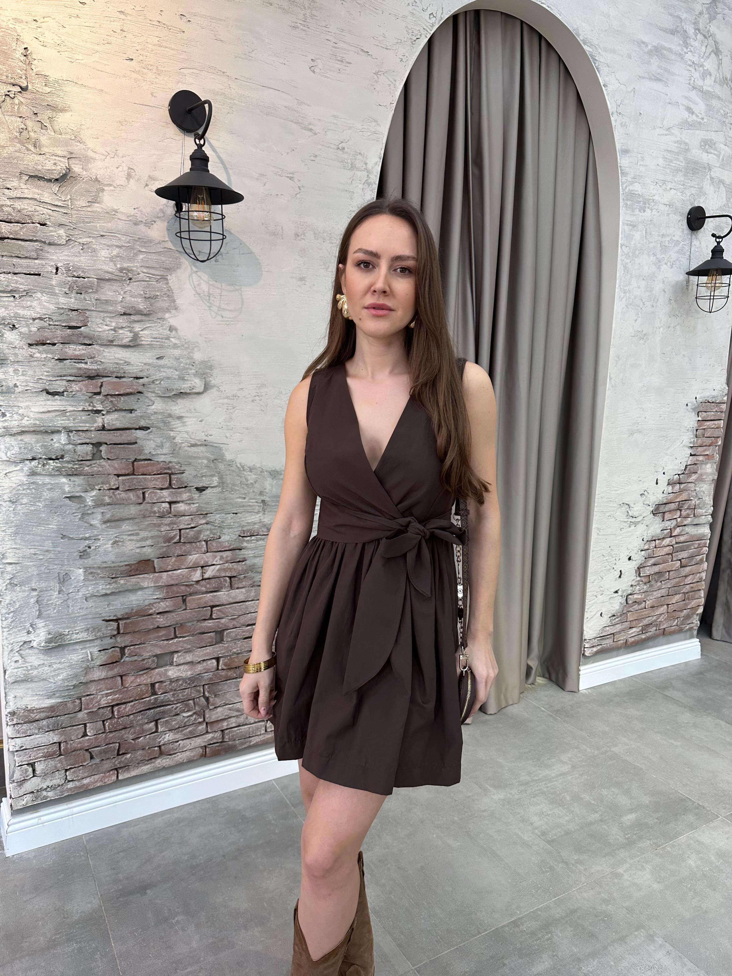 ACI KAHVE BAĞLAMA DETAYLI KISA ELBİSE