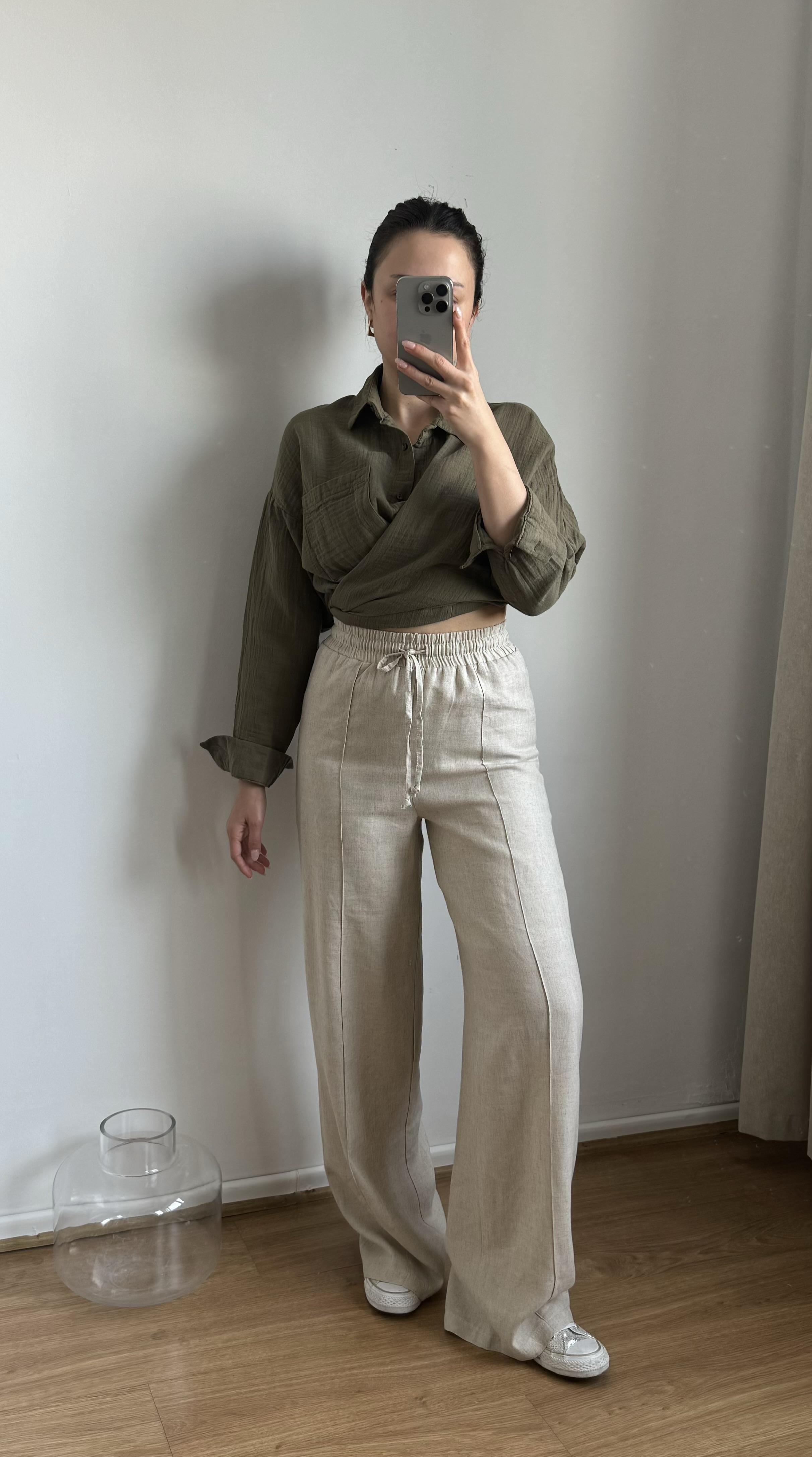 Pantolon Koleksiyonu & Lovve - Taş Rengi Keten Palazzo Pantolon