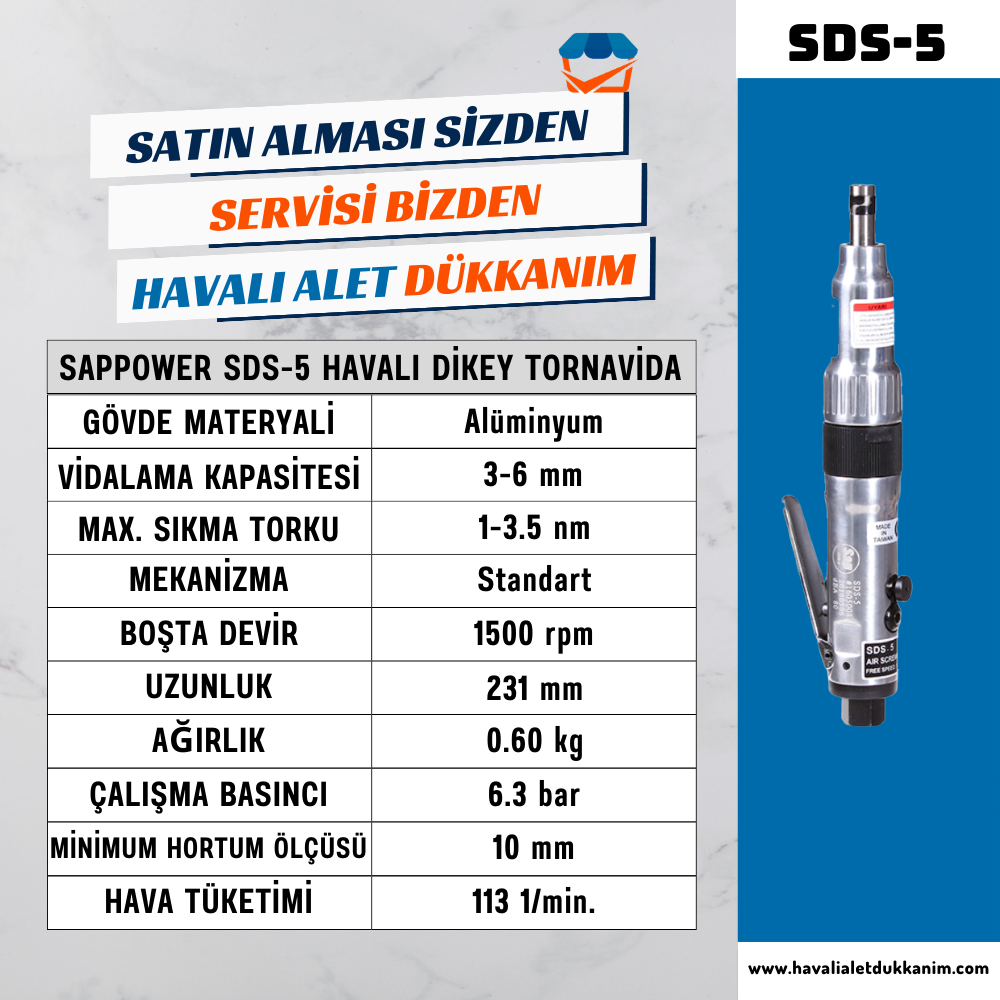SAPPOWER SDS-5 Havalı Dikey Tornavida Sağ-Sol | Havalı Alet Dükkanım