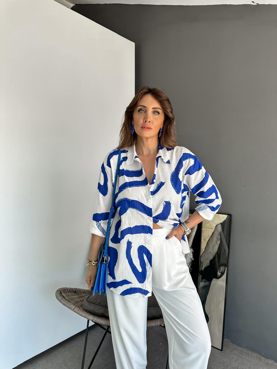 Mavi Boncuk İşlemeli Keten Gömlek