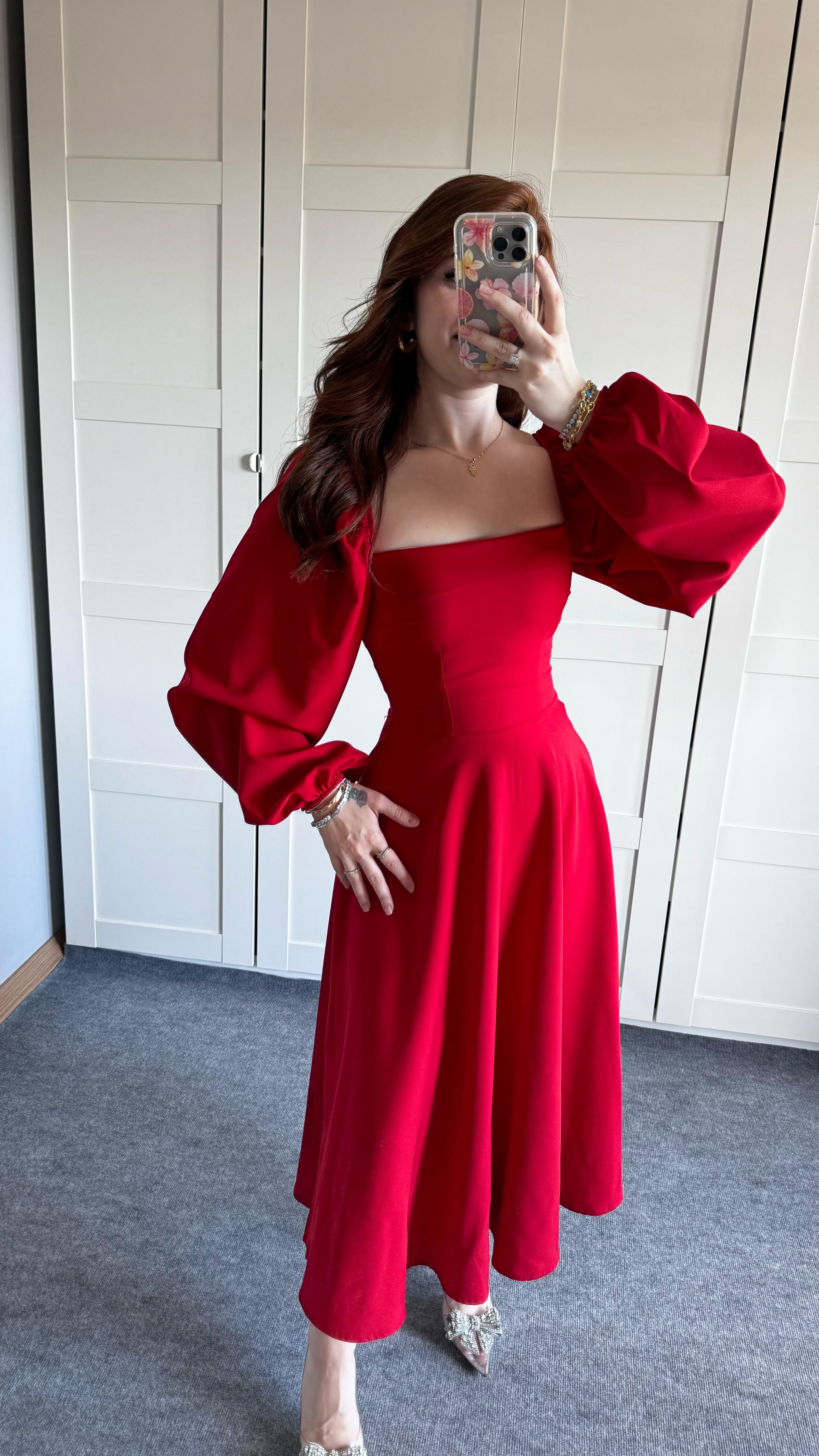 Balon Kol Uzun Elbise Kırmızı