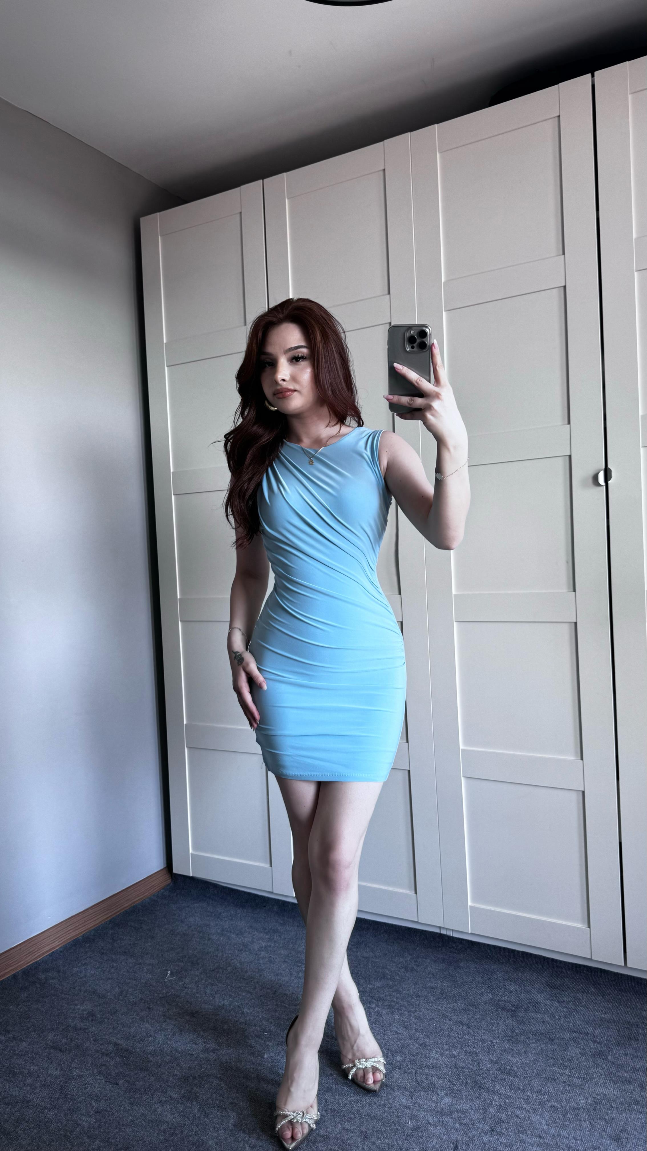 Drapeli Sıfır Kol Mini Bebe Mavisi Elbise I KISA ELBİSE I AYŞENUR ...