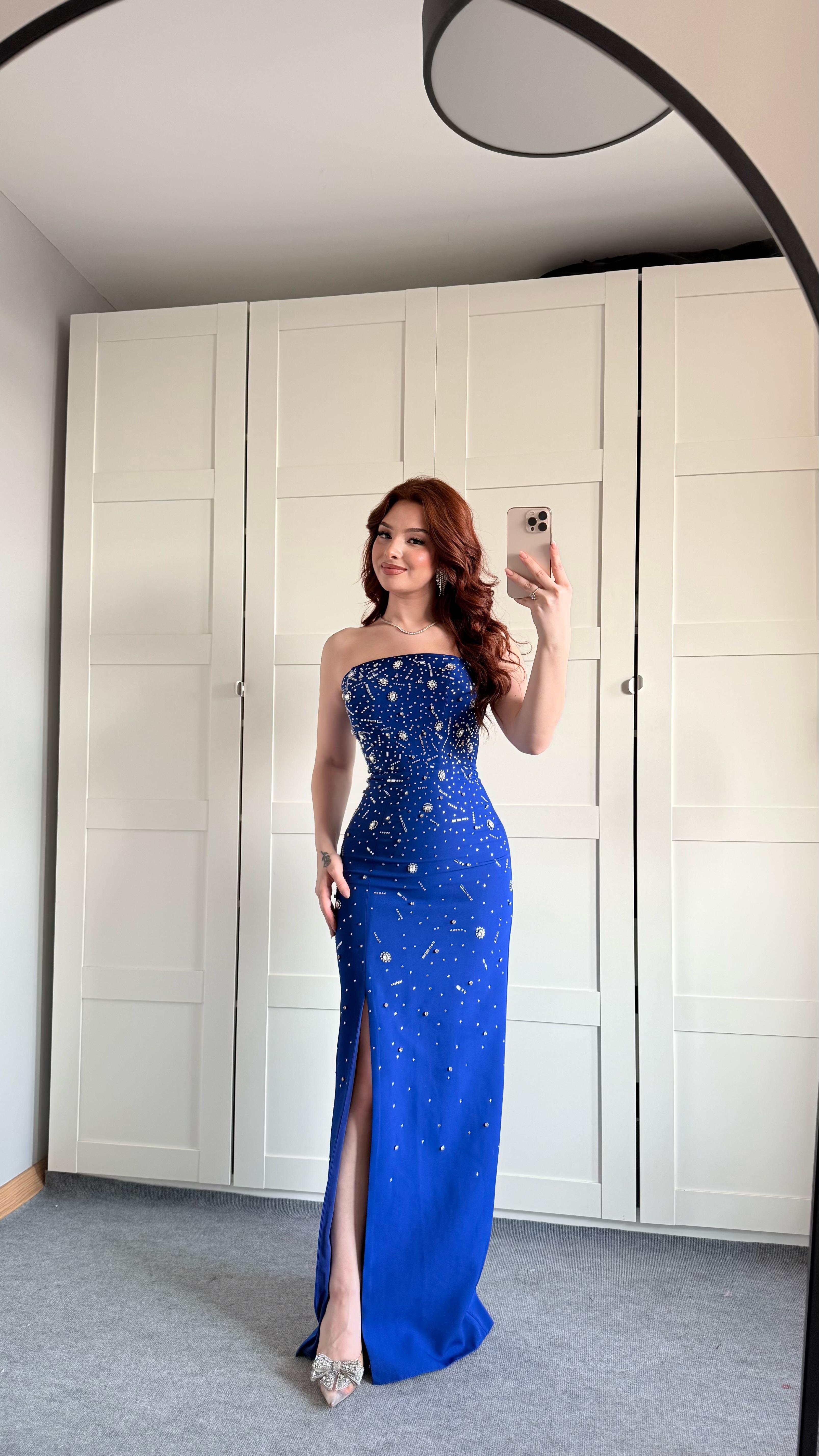 Luxury Straplez Taşlı Abiye Saks Mavisi