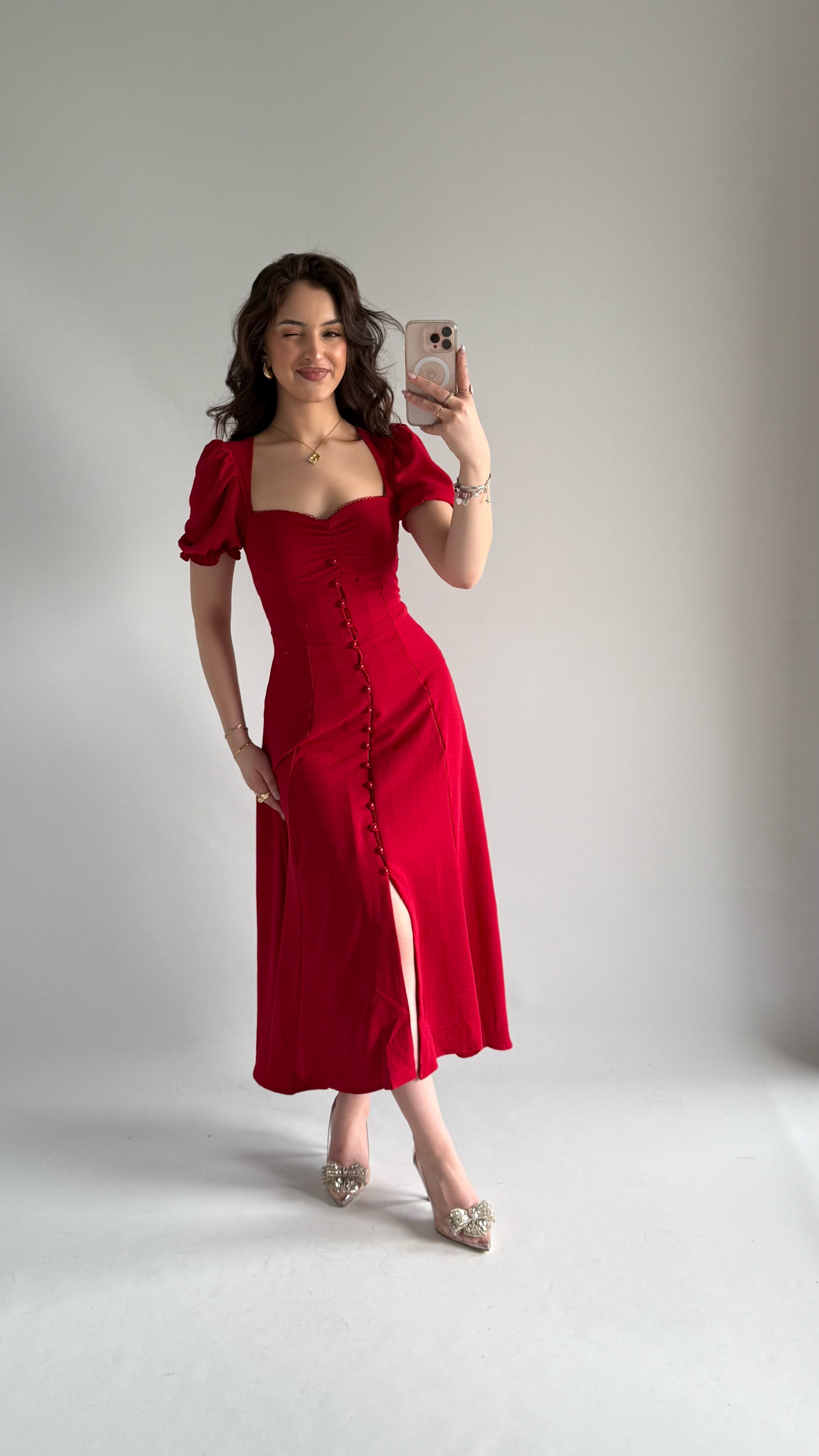 Uzun Seady Elbise Kırmızı I UZUN ELBİSE I AYŞENUR DİNÇER BUTİK