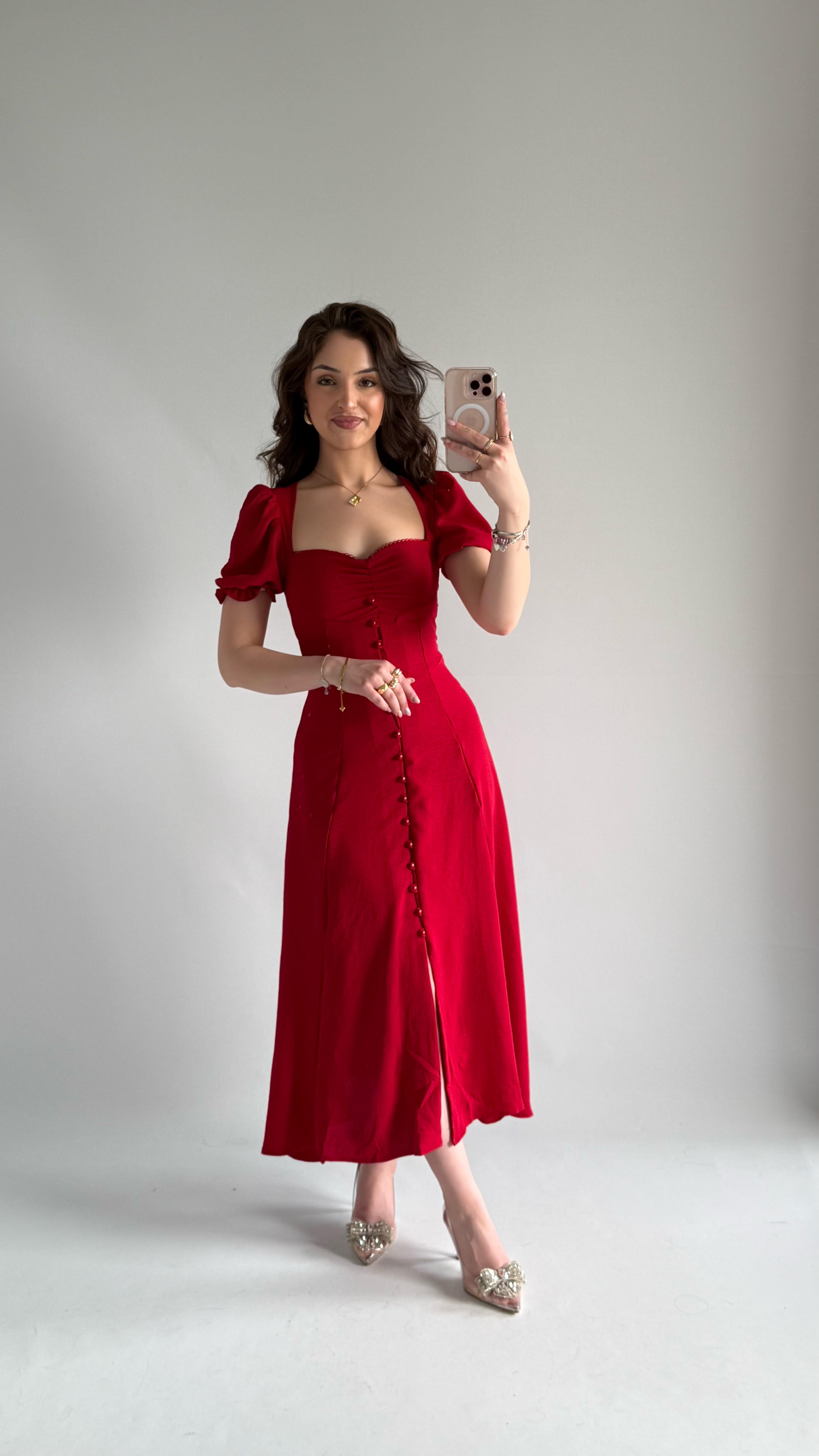 Uzun Seady Elbise Kırmızı I UZUN ELBİSE I AYŞENUR DİNÇER BUTİK