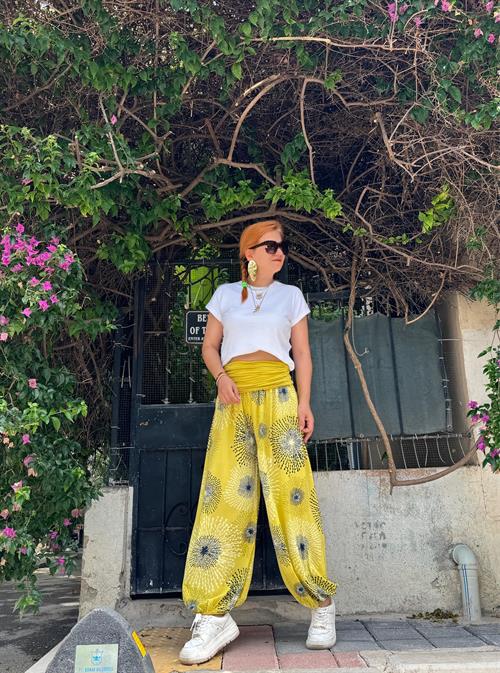 1495 PREMIUM İTALYAN PAMUK ŞALVAR SARI 46 BEDENE KADAR UYUMLU