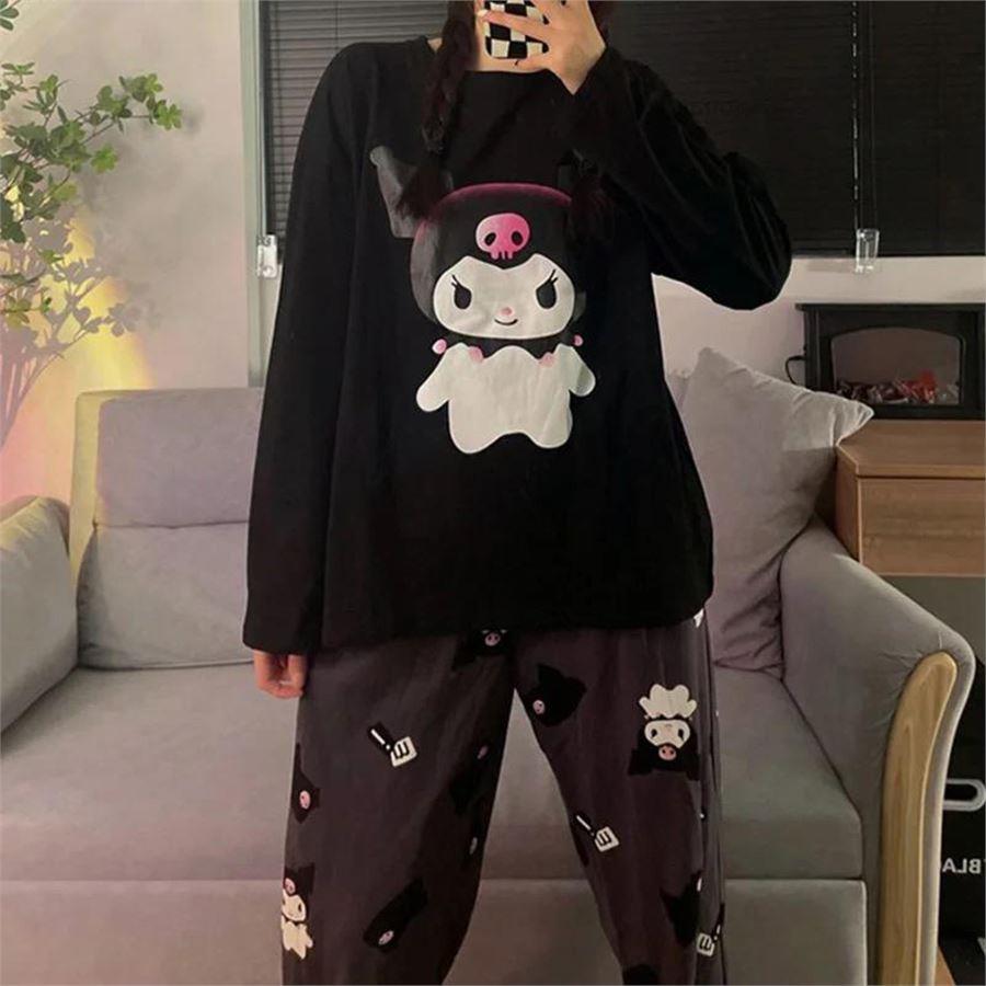 Siyah Anime Harajuku Kuromi Oversize (Unisex) Uzun Kollu Siyah Anime Harajuku Kuromi Oversize (Unisex) Uzun Kollu