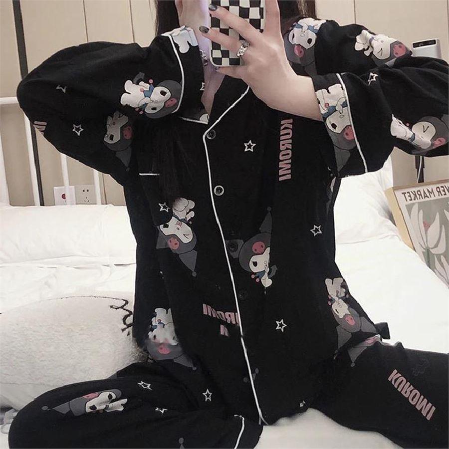 Siyah Anime Harajuku Kuromi Sanrio Kolaj (Unisex) Pijama Takımı Siyah Anime Harajuku Kuromi Sanrio Kolaj (Unisex) Pijama Takımı