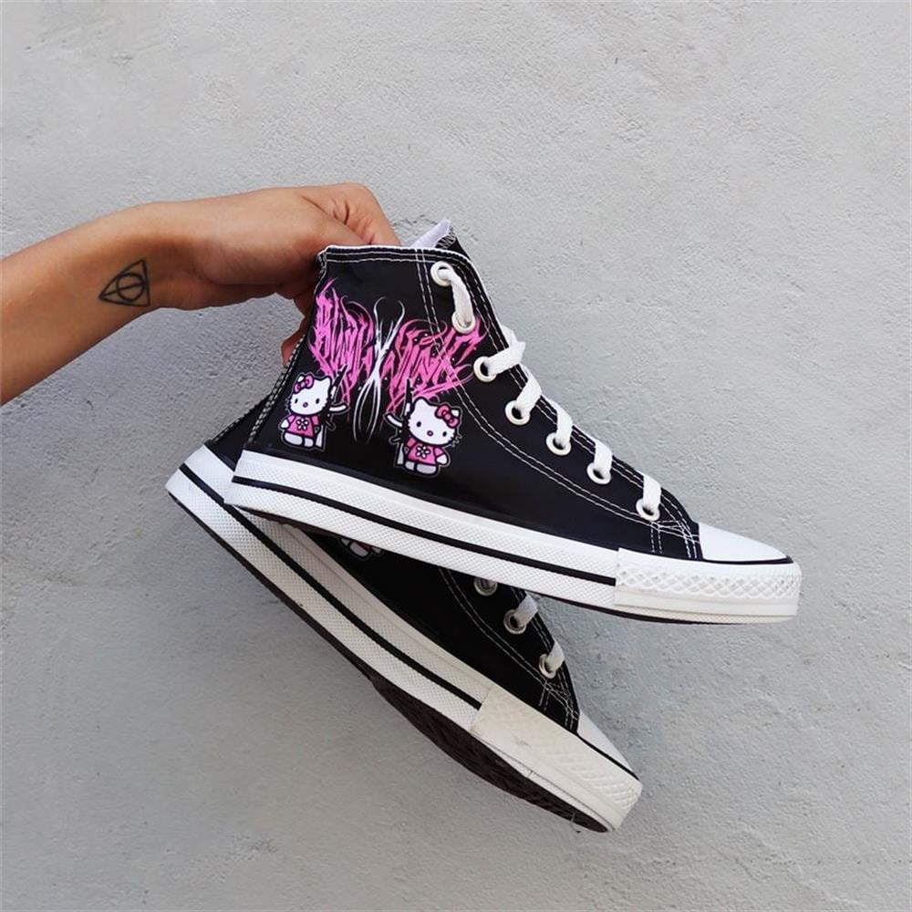 Siyah Hello Kitty Military Uzun Kanvas Ayakkabı