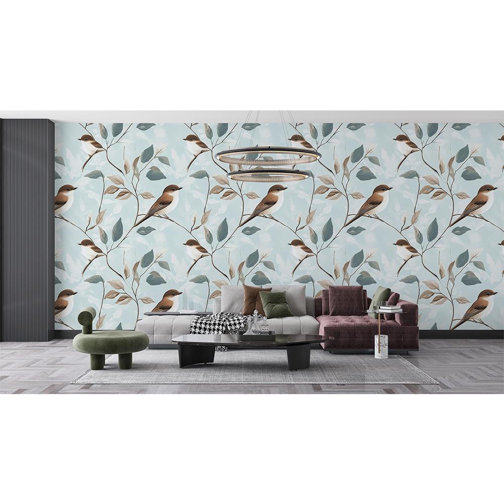 Pastel Mavi ve Kahverengi Tonlarda Kuş ve Yaprak Deseni duvar kağıdı ...