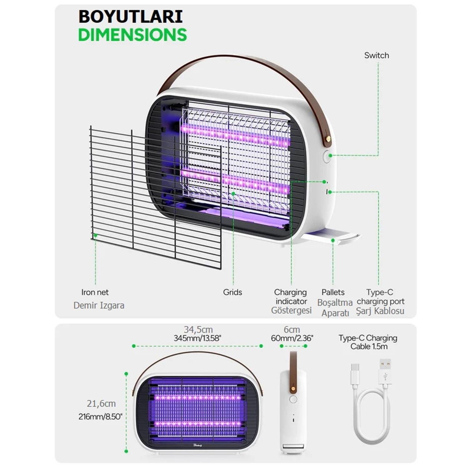 Rowenger MA15C UV-LED Işıklı 5200mAh Şarjlı + Elektrikli Sivrisinek Öldürücü Lamba Sinek Öldürücü