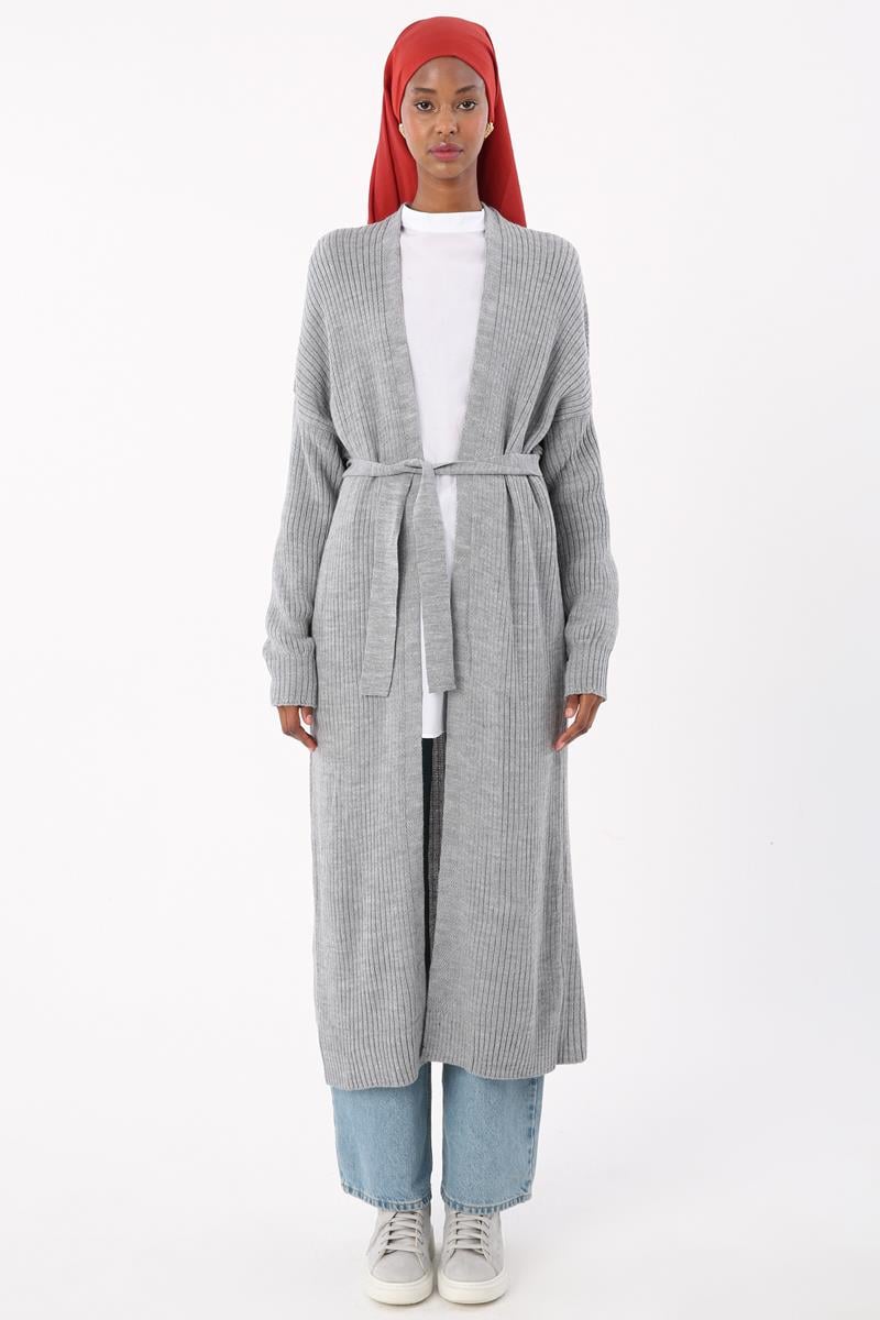 Gray Melange Ribbed Belted Long Knitted Cardigan