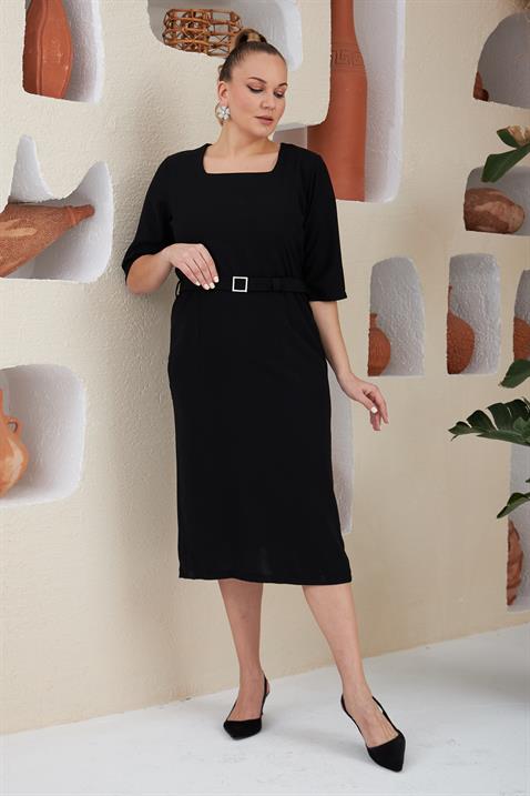 Rmg Arkadan Yırtmaçlı Kemer Detaylı Kare Yaka Büyük Beden Siyah Abiye ...