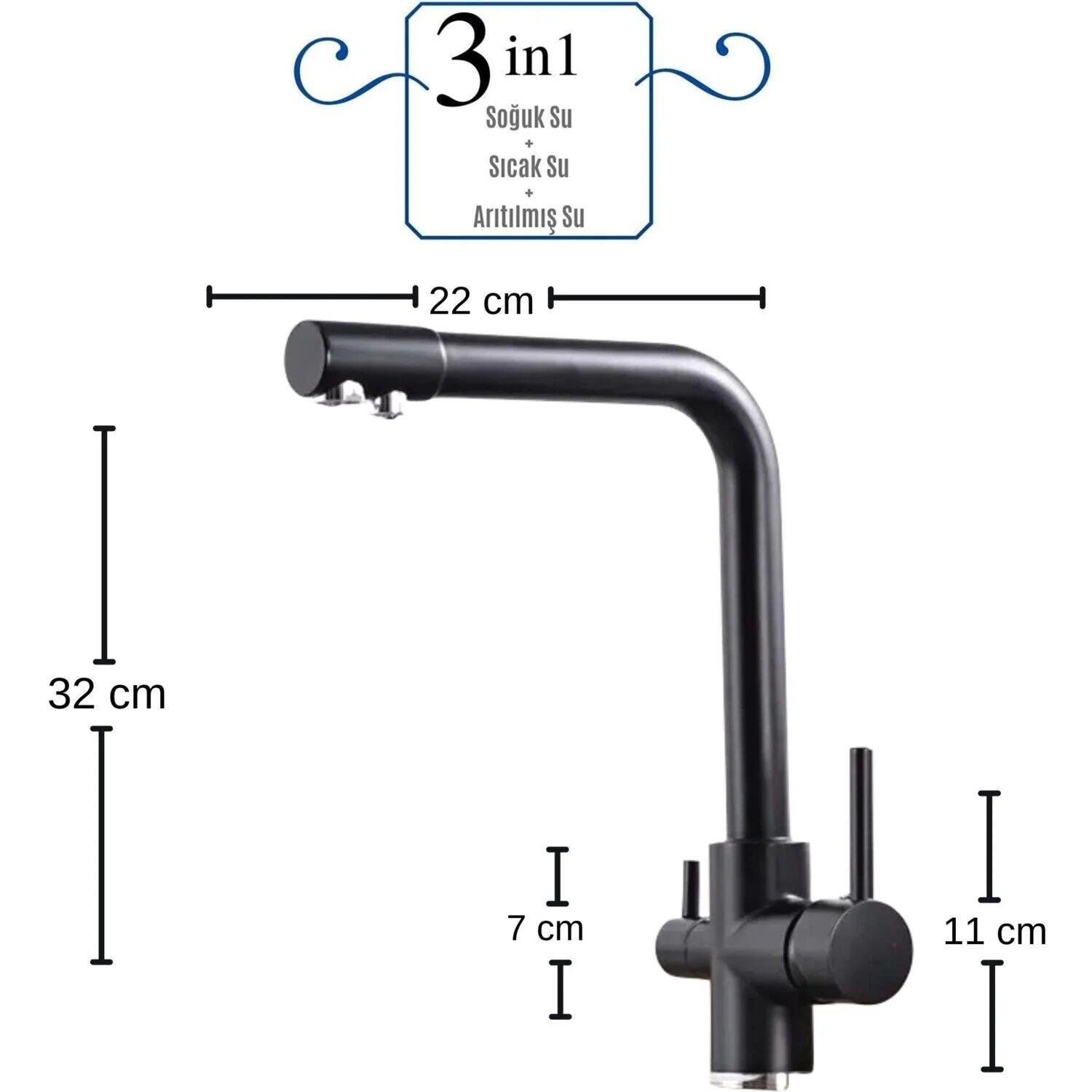 Arıtmalı 3 Yollu Musluk Mutfak Bataryası Siyah