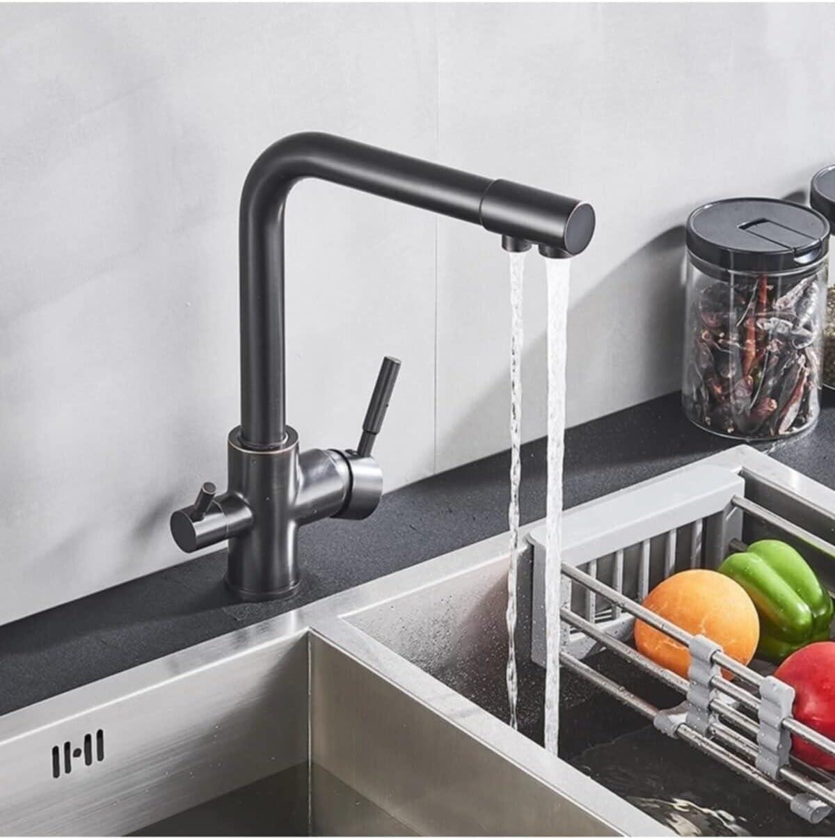 Arıtmalı 3 Yollu Musluk Mutfak Bataryası Gri