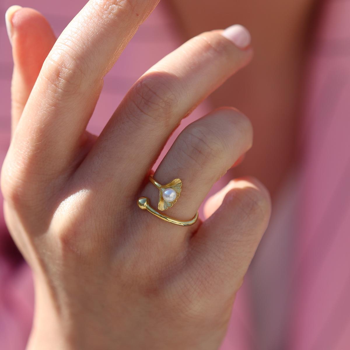 İstiridye İnci Modeli Gold Kaplama Ayarlanabilir Gümüş Yüzük ...