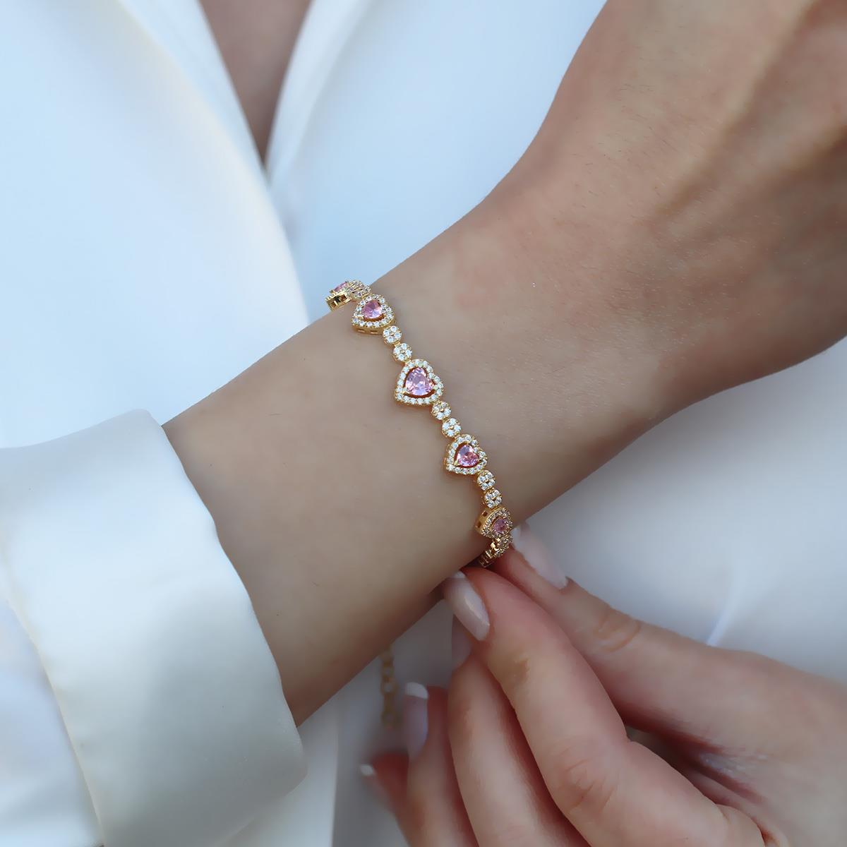 Pembe Kalp Gold Kaplama Gümüş Bileklik - Necatigun.com