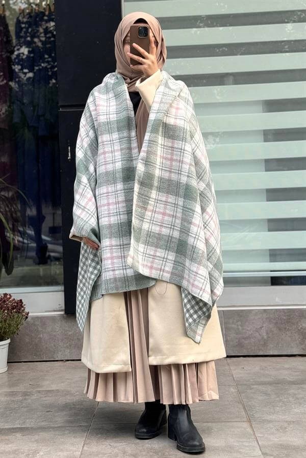 Çift Taraflı Kışlı Omuz Şalı - Mint